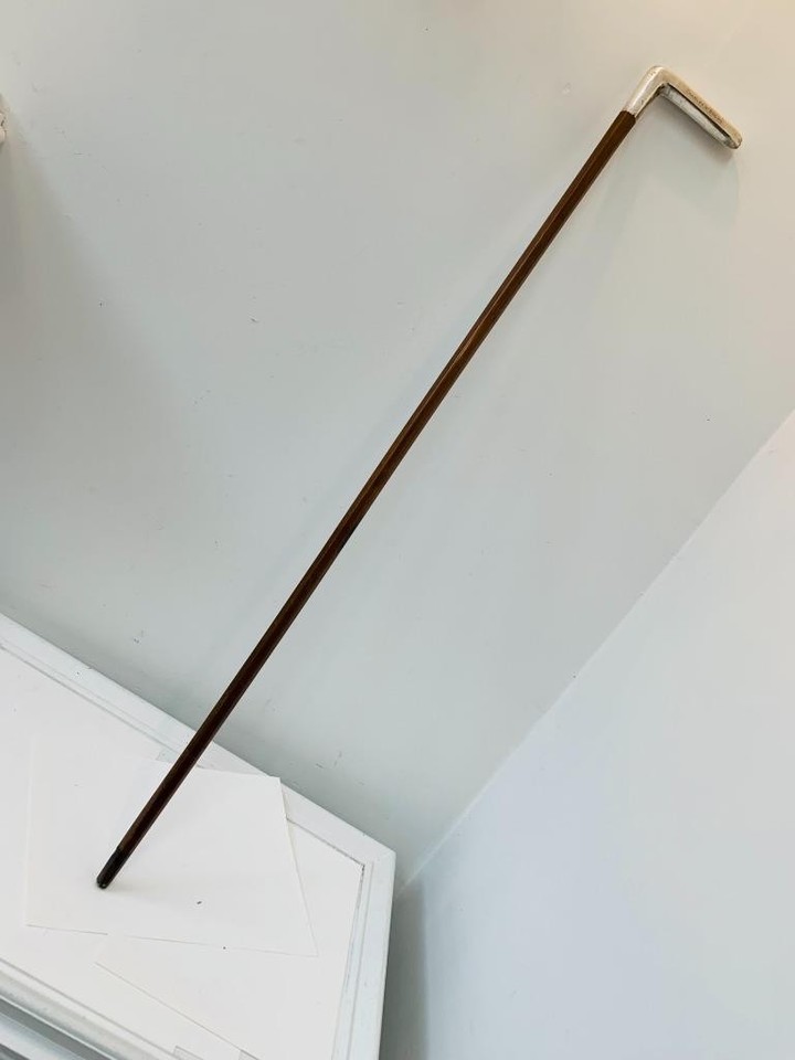 Antique cane or walking stick silver L- shape handle engraved CHARLES W ...