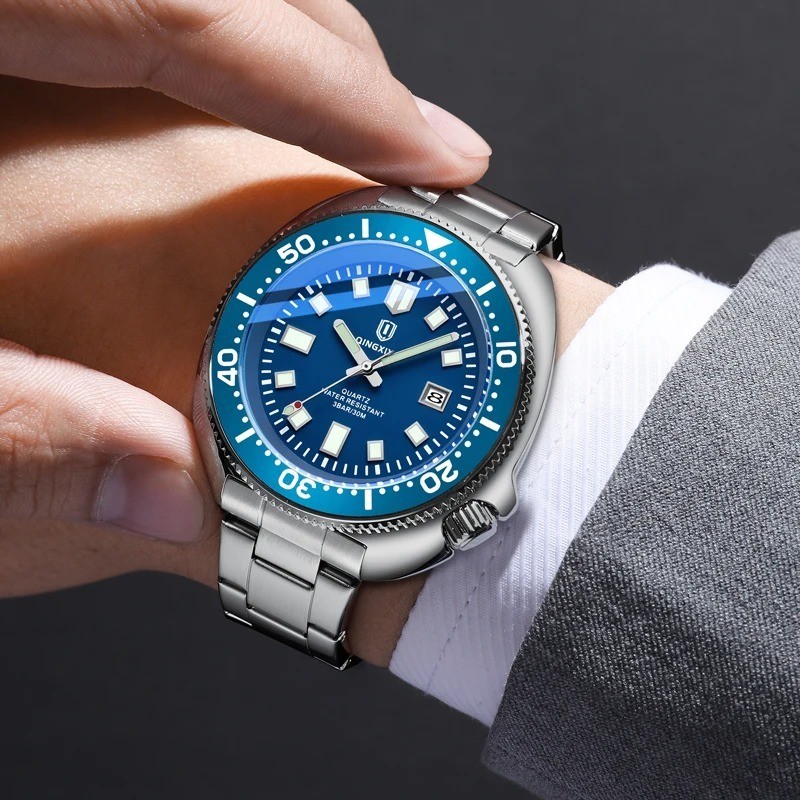 44MM QINGXIYA Tuna Quartz Mens Watch Stainless Steel 30M Waterproof ...