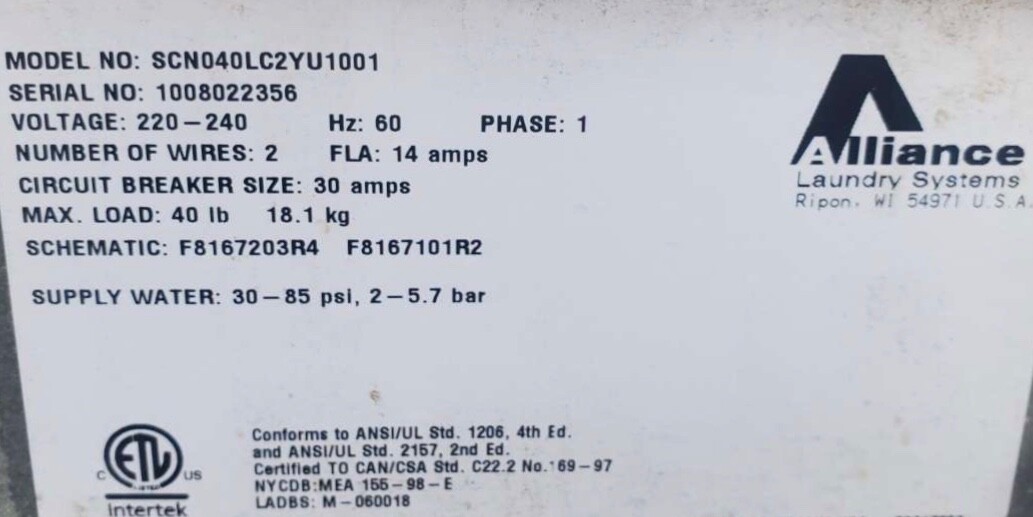 Speed Queen SC040LC2YU1001, 40 lbs, Coin-Op Washer, 1PH, SN 1008022354 ...