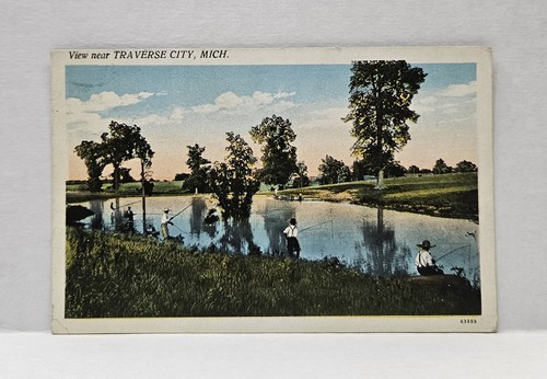 View near Traverse City Michigan People Fishing Posted 1936 Vintage ...