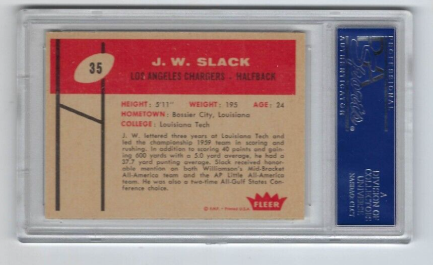 1960 Fleer football card #35 J.W. Slack Los Angeles Chargers graded PSA ...