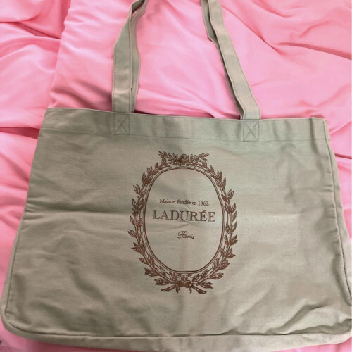 Laduree canvas green tote bag gold emblem limited edition canvas japan ...