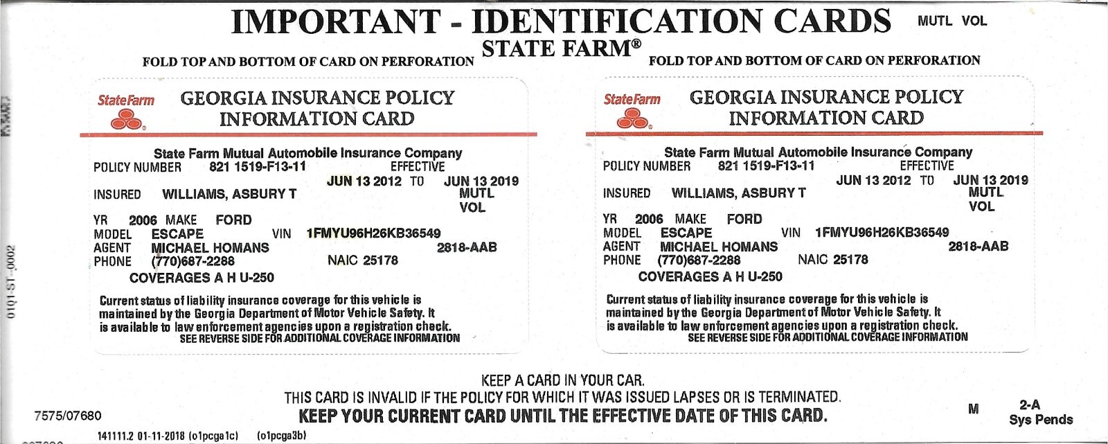 STATE FARM GEORGIA INSURANCE POLICY INFORMATION CARD | eBay