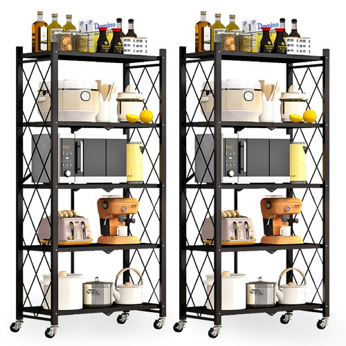Folding Metal Rack 5 Tier 2 Pack Heavy Duty Shelving w/ Wheels for ...