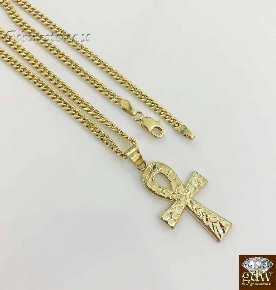 Real 10k Gold Ankh Cross Charm Pendant with Miami Cuban Chain 22" 24 ...