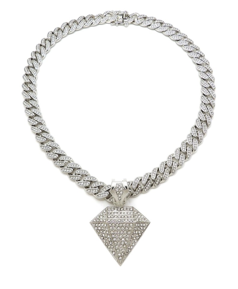 Hip Hop Diamond Shape Pendant & 18" Iced Box Lock Miami Cuban Chain ...