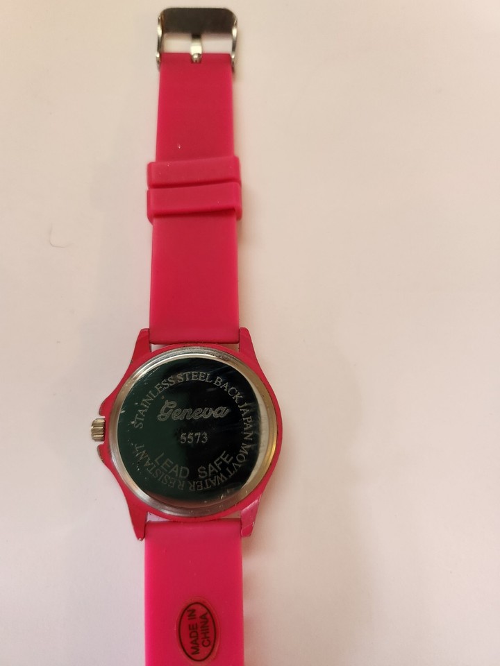 Geneva Pink Dial Crystal Accent Round Silver Tone Case Pink Band Watch ...