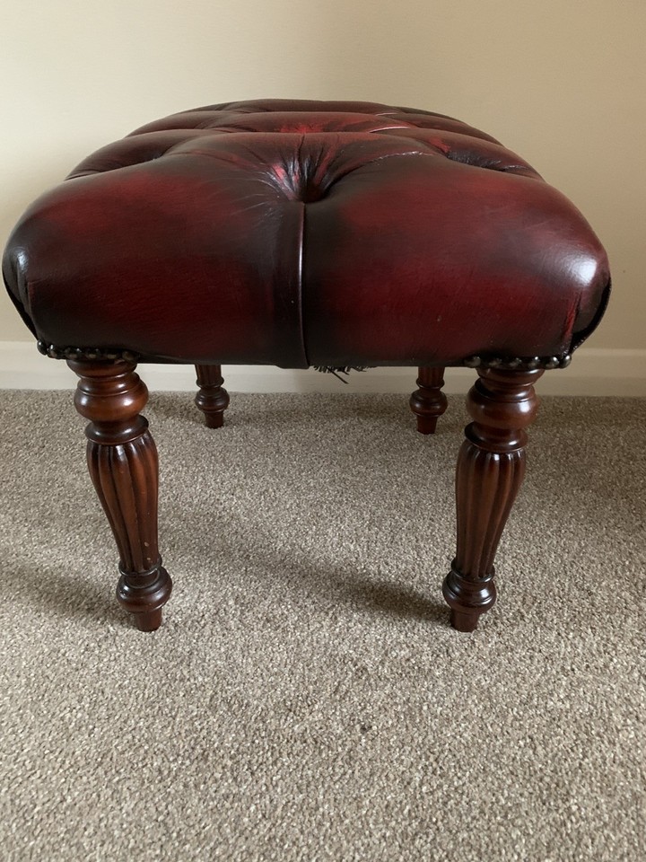 Red Leather / Button Top Foot Stool with Wooden Legs | eBay UK