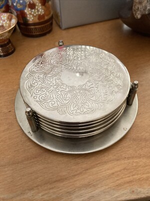 7 Piece Vintage Silver Plated Coaster Set - 6 Coasters 1 Caddy | eBay