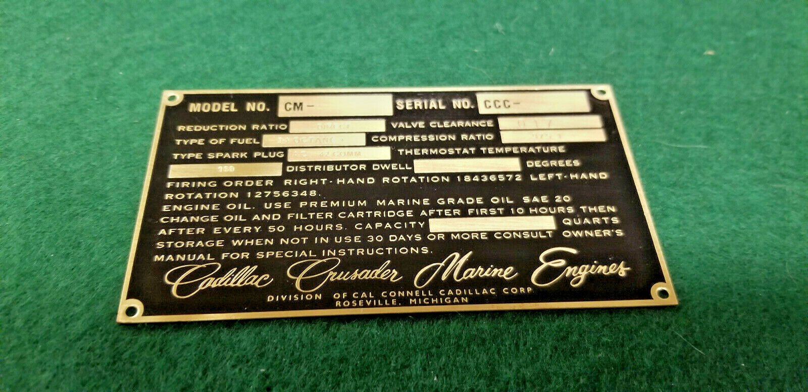 Cadillac Crusader Marine Engine Data Plate Etched Brass - black ...