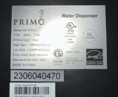 Primo Water Dispenser OEM 601275 -C Back Panel | eBay