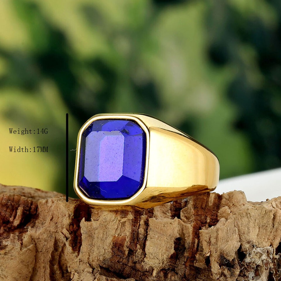 Men Women Blue Square Stone Signet Ring Stainless Steel Pinky Cocktail ...