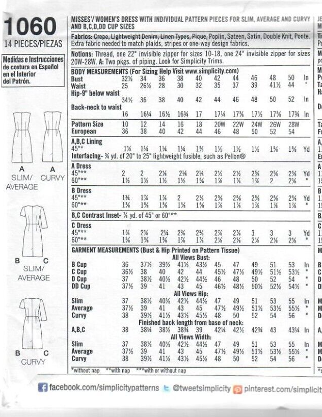 Simplicity 1060 Misses Amazing Fit Dresses Sewing Pattern 10-18 Slim ...