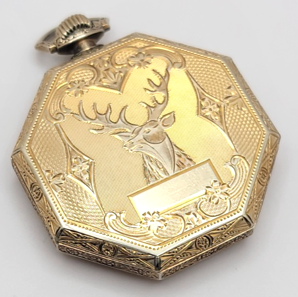 Vintage Waltham Octagon Case 14K Solid White Gold Engraved Stag Pocket ...