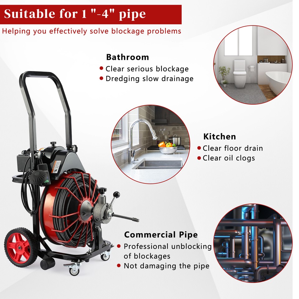 100' x 1/2" Drain Cleaner Electric Sewer Snake Cleaning Machine 110V w ...