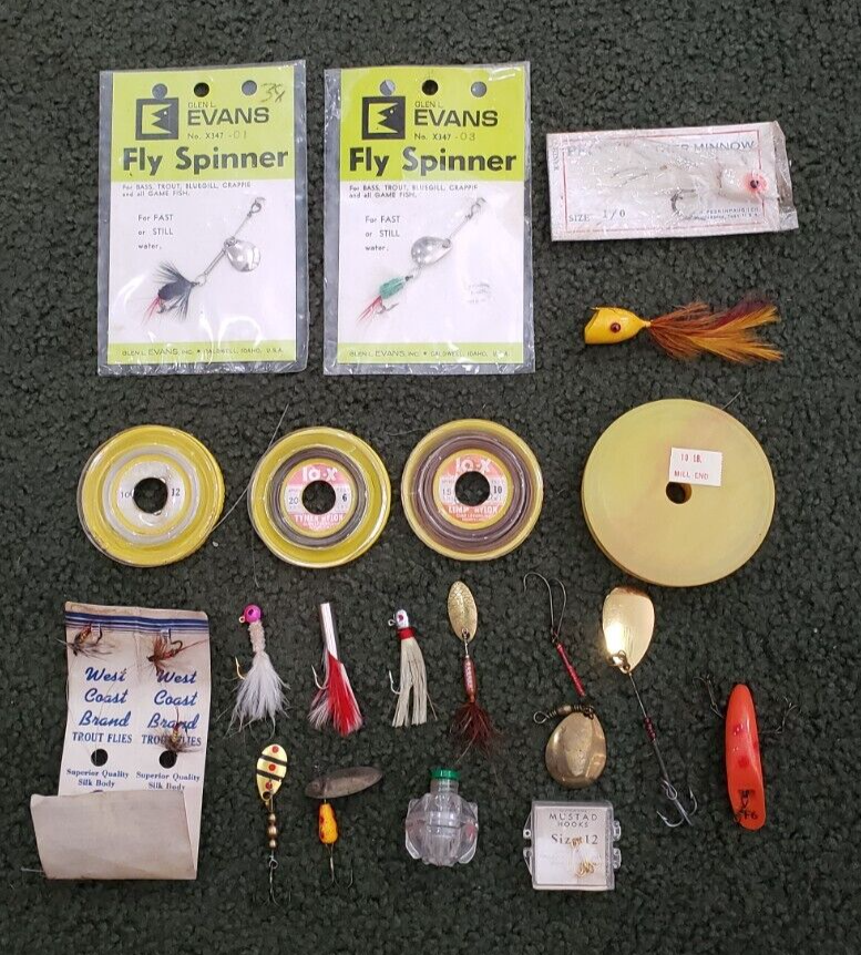 LOT OF 20 VINTAGE FLY FISHING SPINNER LURES STRING HOOKS EVANS WEST ...
