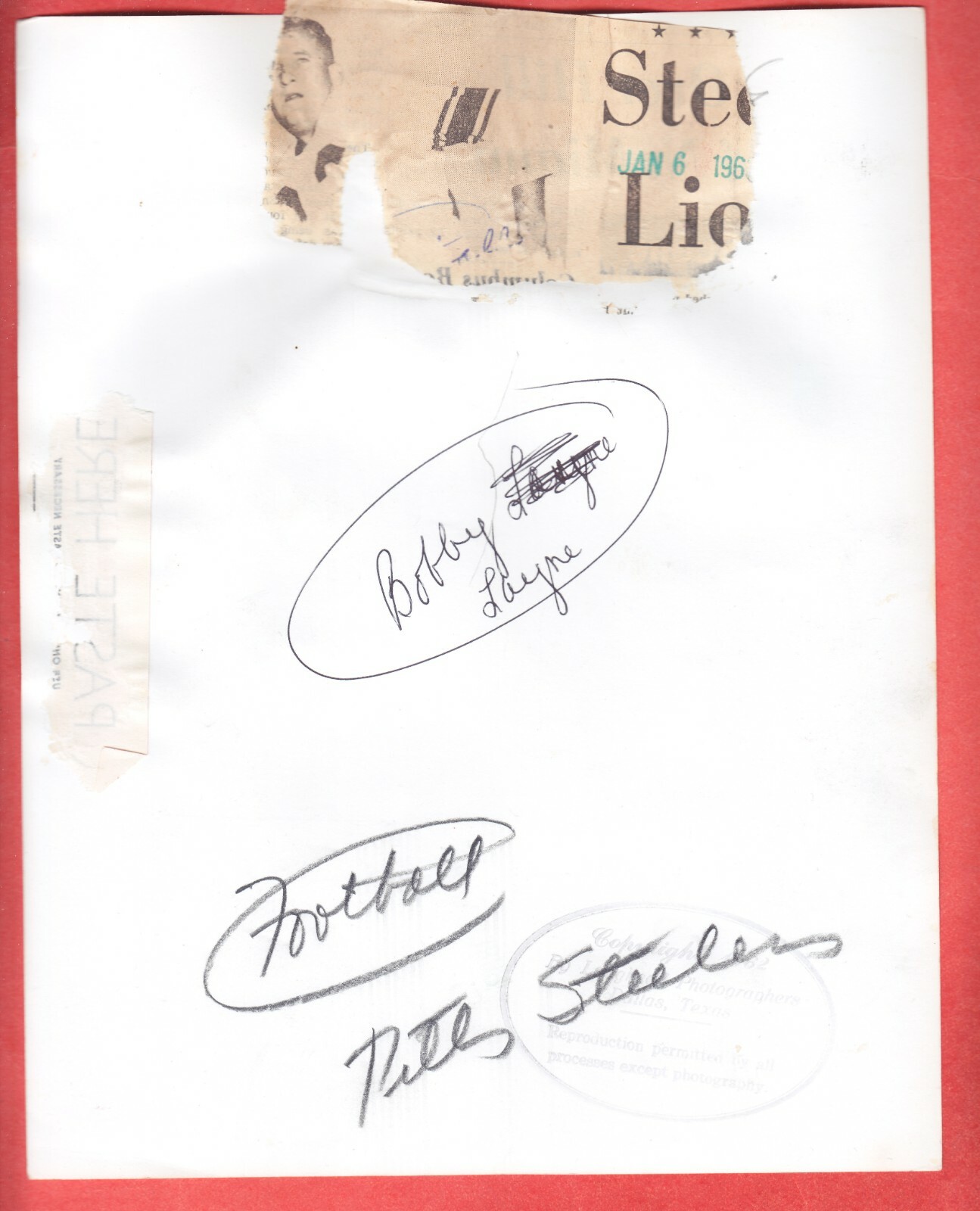 1962 PITTSBURGH STEELERS TEAM ISSUE 8 X 10 GLOSSY TYPE 1 BOBBY LAYNE ...