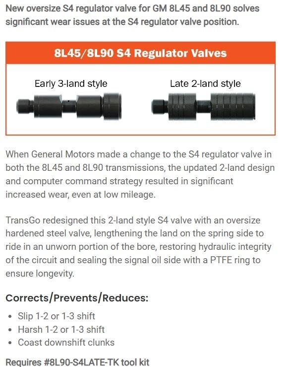2018-ON 8L45 8L90 Oversize S4 Regulator Valve Transgo 8L90-S4LATE-OS ...