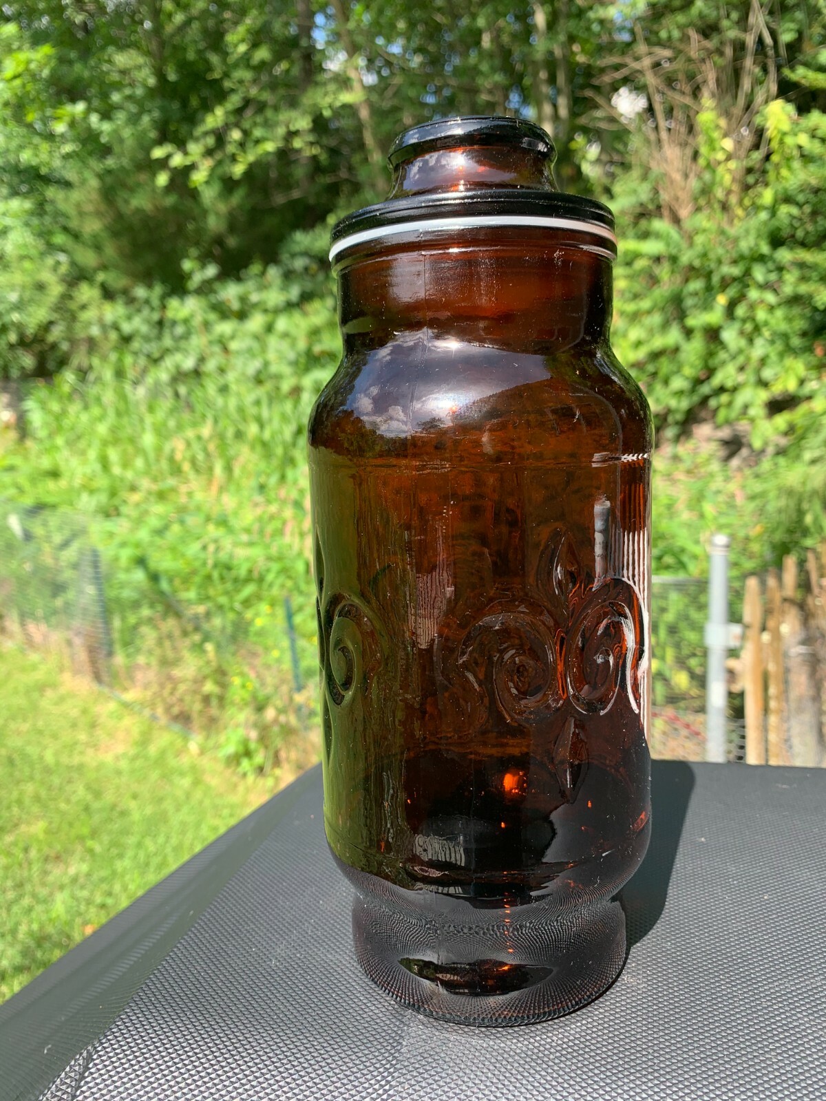 Vintage Cremora Amber Brown Decorative Glass Fleur-de-lis Jar with Lid ...