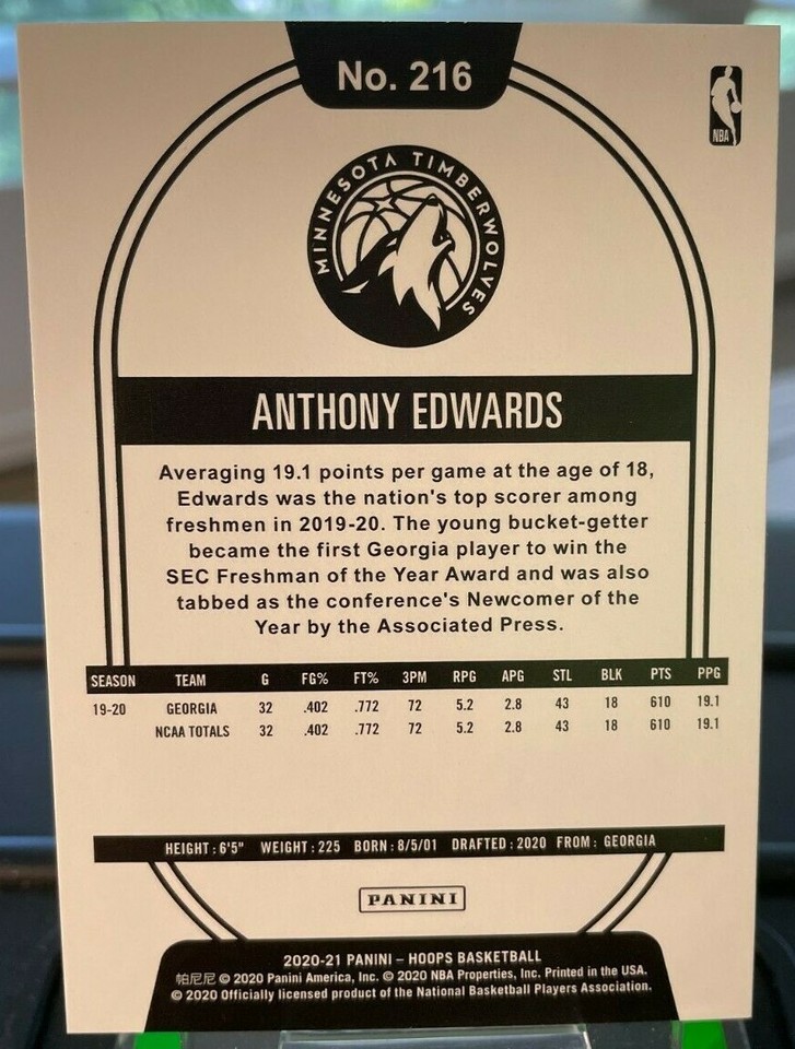 Anthony Edwards 2020 Panini Hoops Parallel #216 RC Timberwolves Gold ...
