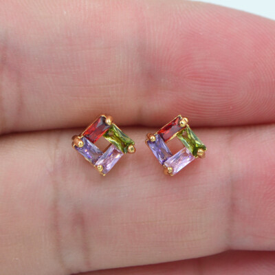 18K Yellow Gold Filled Women Multicolour Mystic Topaz Square Stud ...