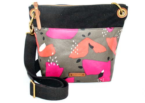 FOSSIL Keely Coated Canvas Bucket Crossbody Gray Multi Abstract Floral ...