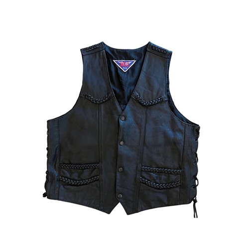 MOB genuine black leather motorcycle biker vest. Braid detail. Patches ...