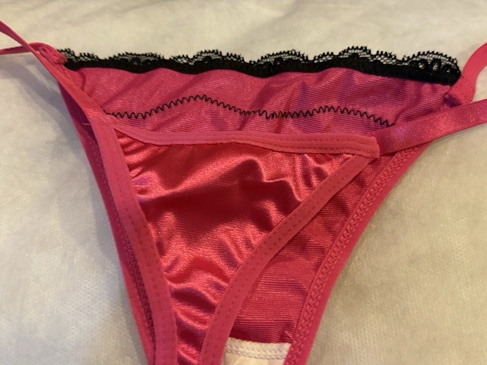 Vintage Y2K Style Hot Pink Satin Thong Panties Black Lace Trim Sz Lg | eBay