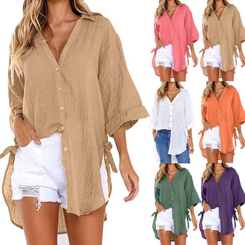 Womens Long Sleeve Linen Shirt Ladies Casual Baggy Button-up Plain ...