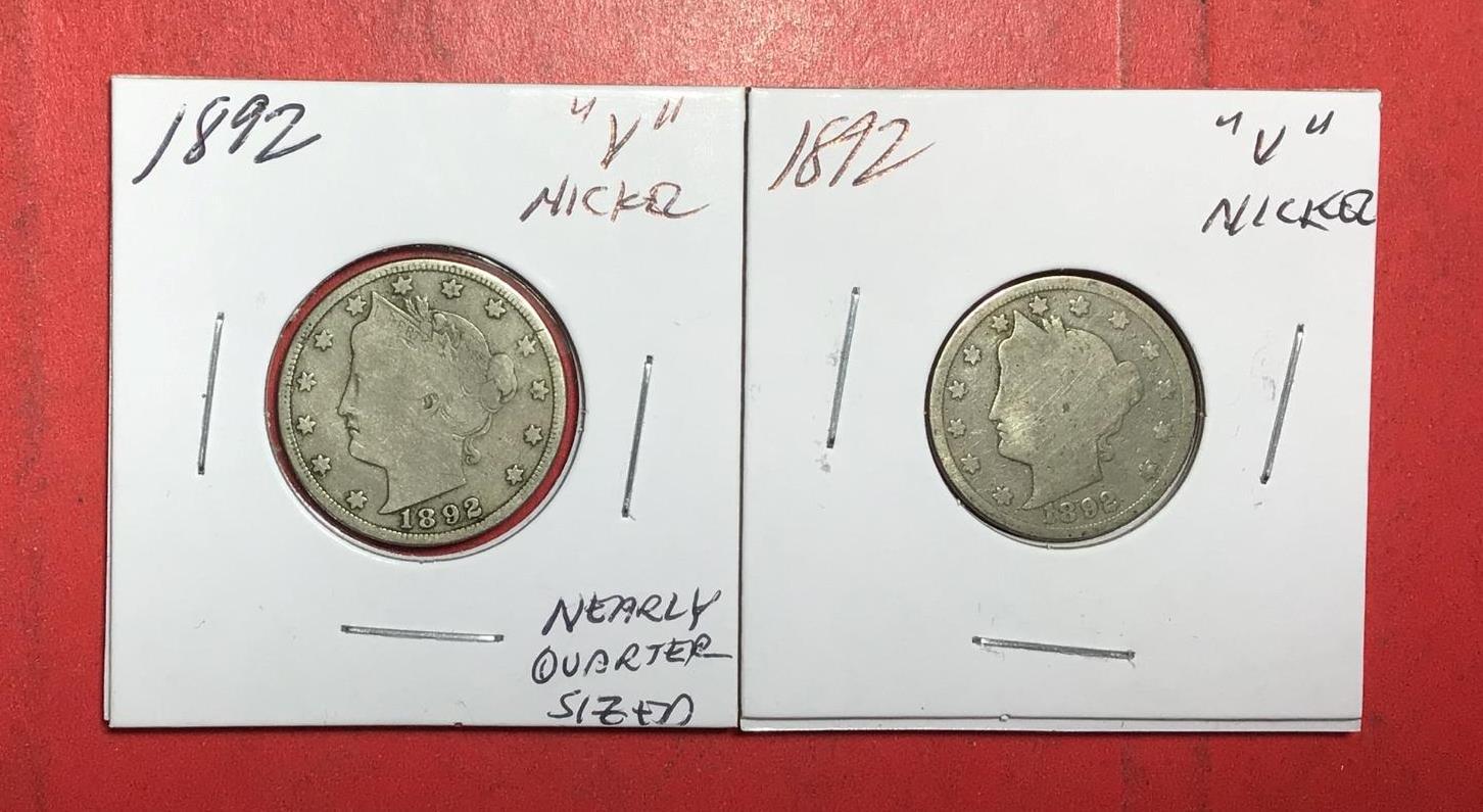1892 US LIBERTY "V" Nickels Set of 2! 1 is Quarter Sized Oddity & 1 Regular! | eBay