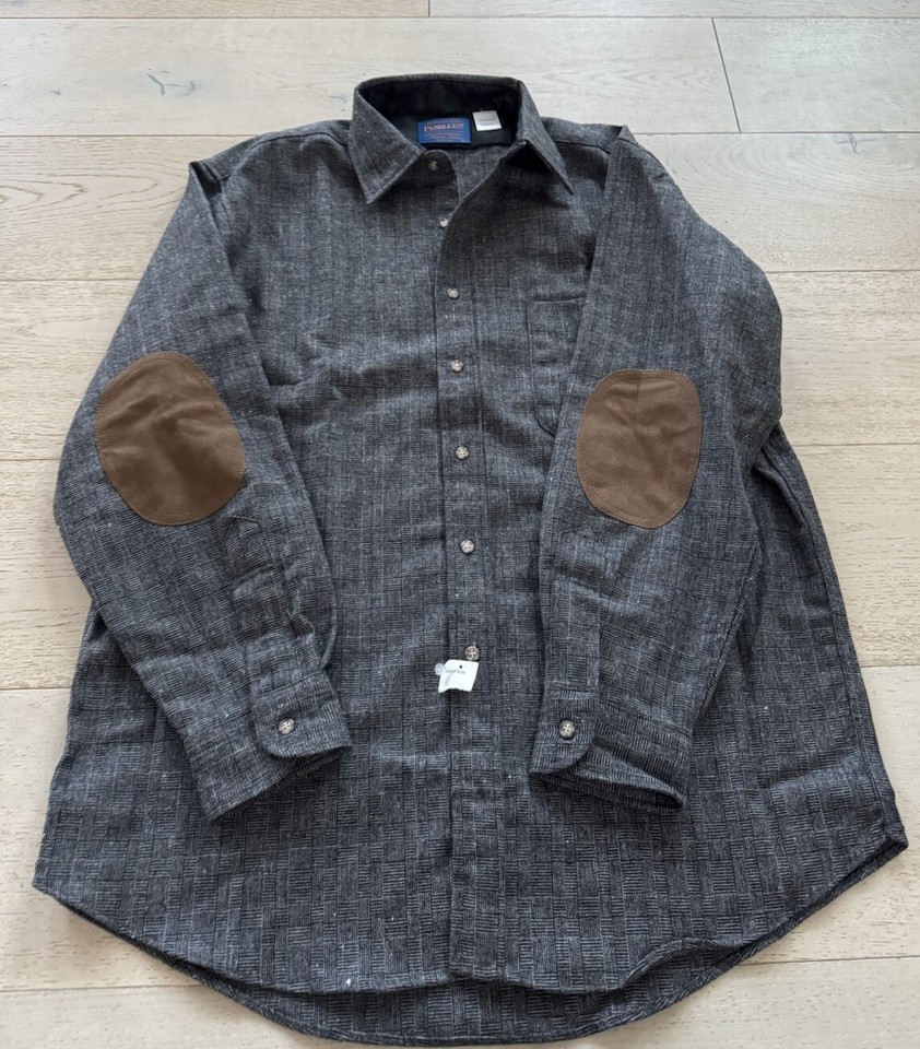 NWT Pendleton Elbow-Patch Trail Shirt Men M Gray Plaid Wool Flannel ...