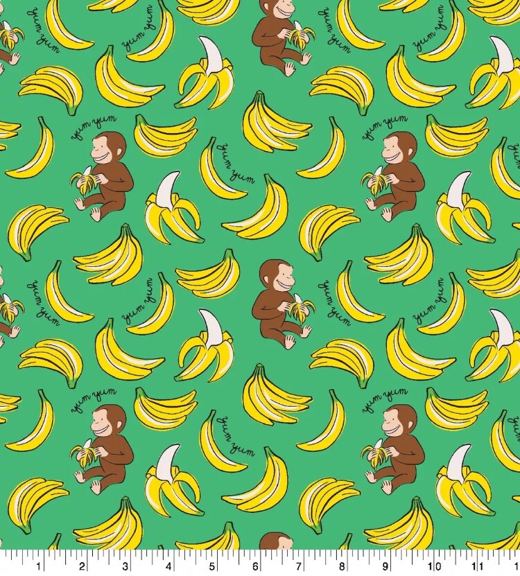 Curious George Fabric, 30" Remnant, Goes Yum Yum Banana's Curious ...