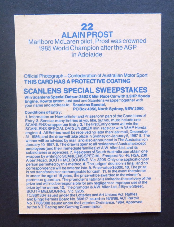 1986 Scanlens Australian Motor Racing Card: ALAIN PROST #22 .... N/MINT ...