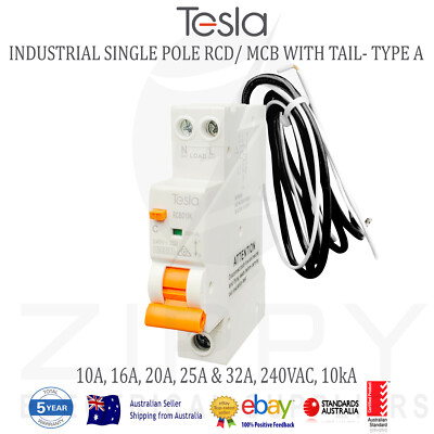 Tesla Industrial Single Pole RCBO, 240V,10kA+Tail-Type A (10A,16A,20A ...