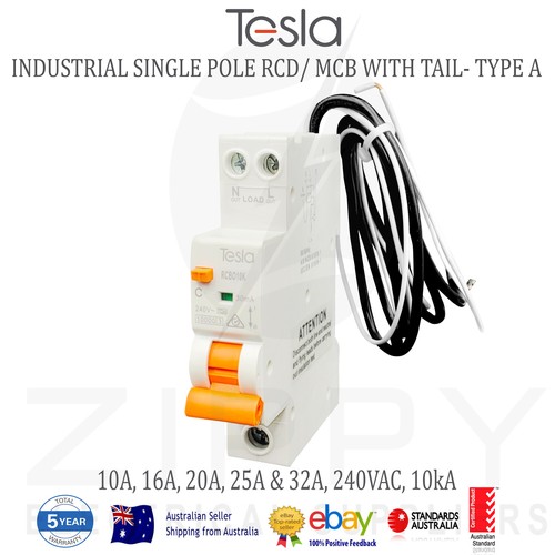 Tesla Industrial Single Pole RCBO, 240V,10kA+Tail-Type A (10A,16A,20A ...
