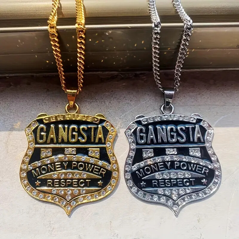 Gangsta Money Power Iced Badge Pendant 3mm 24" Cuban Chain Hip Hop ...