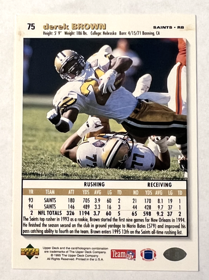 1995 Upper Deck Collector's Choice NFL Card #75 Derek Brown New Orleans Saints | eBay