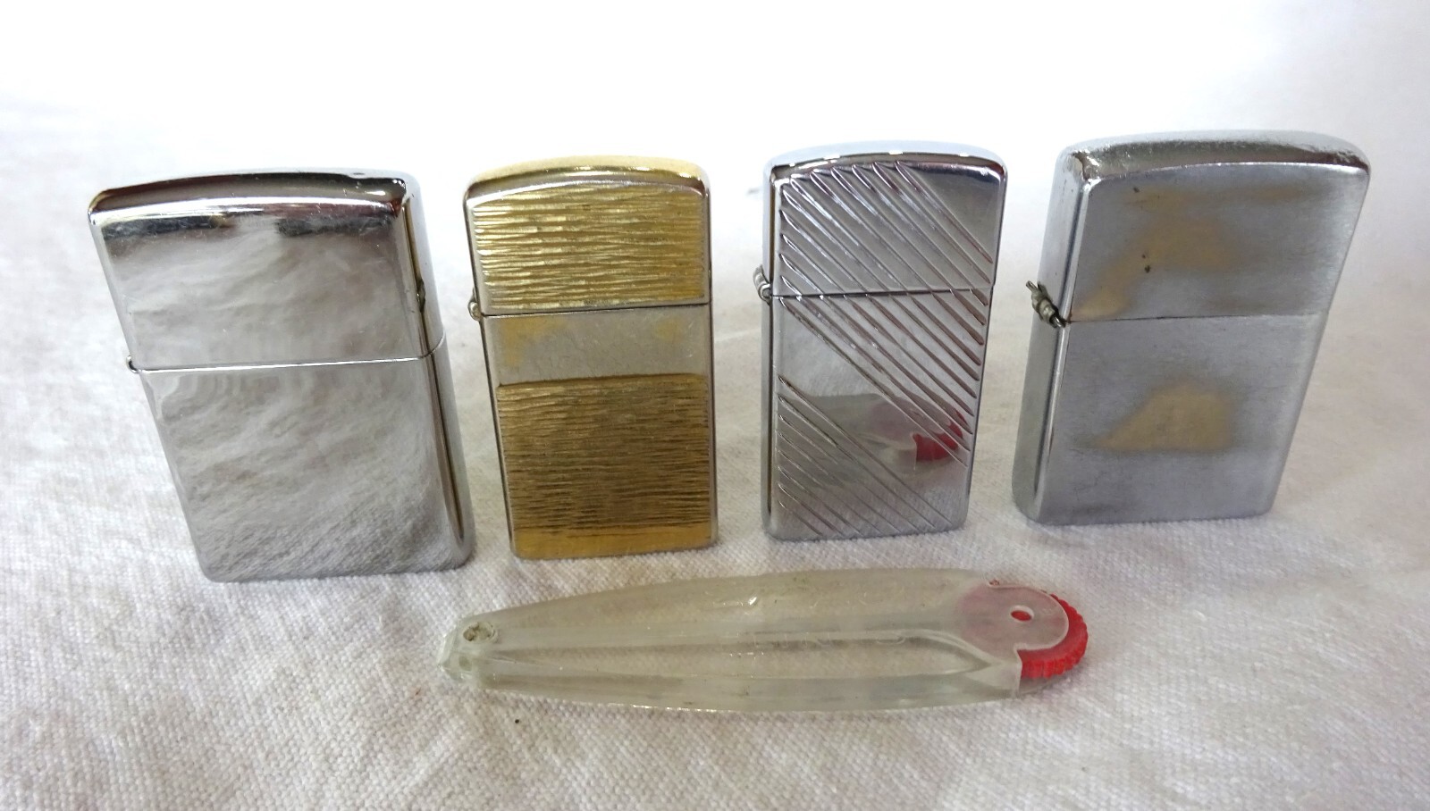 4 Zippo Lighters 2 Regular 2 Slim + Zippo Flint Dispenser 1964 to 2011 ...