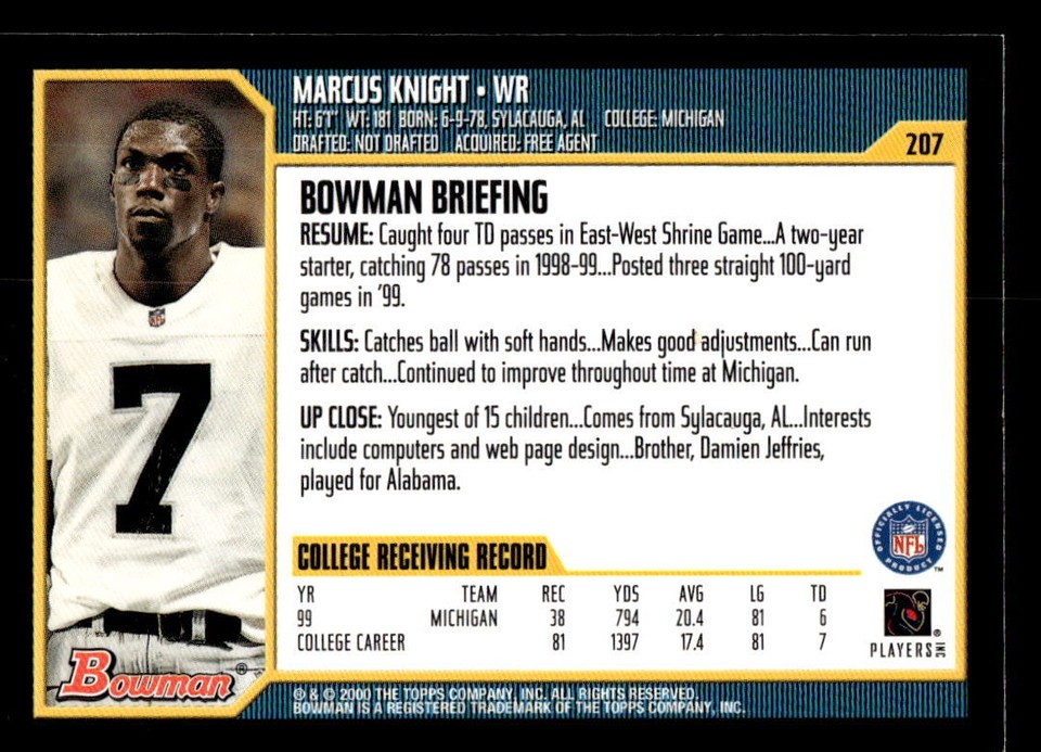 Marcus Knight Oakland Raiders Rookie 2000 Bowman #207 | eBay