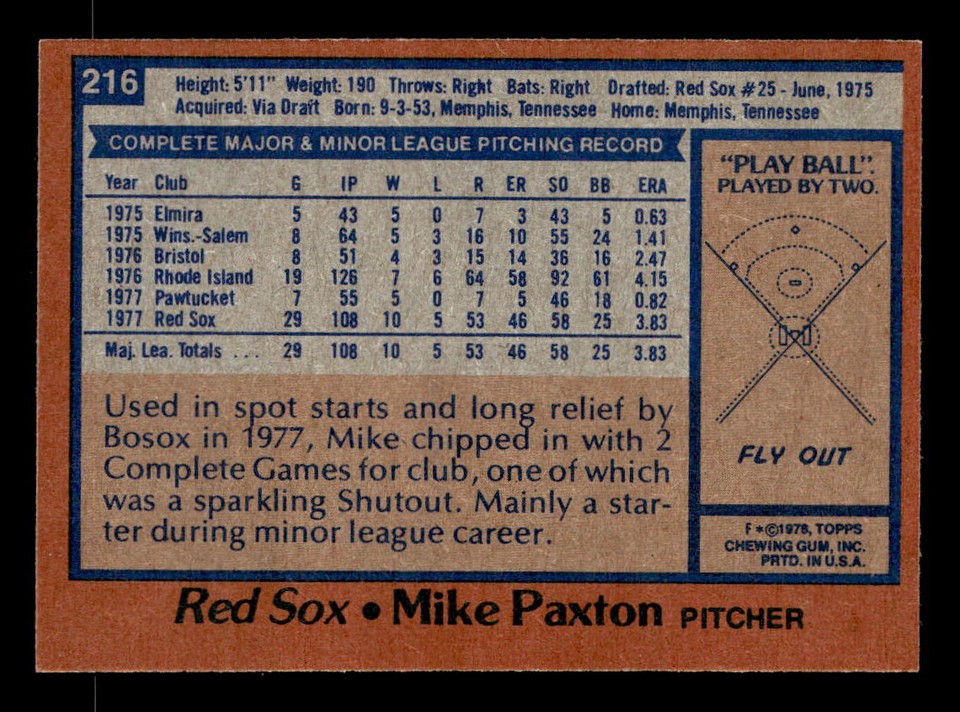 1978 Topps #216 Mike Paxton Boston Red Sox Vintage Baseball EX+ | eBay