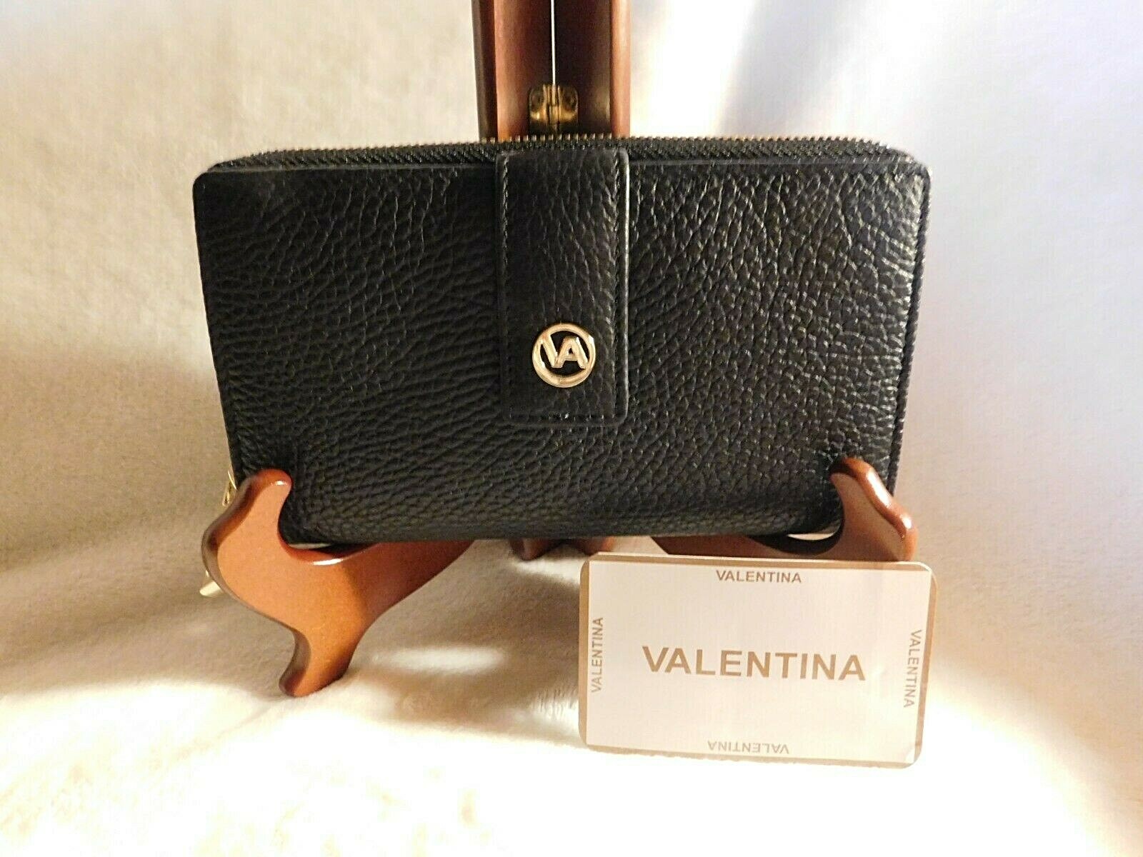 Valentina Italian Tab Close Clutch Wallet Black Pebbled Leather NIB | eBay