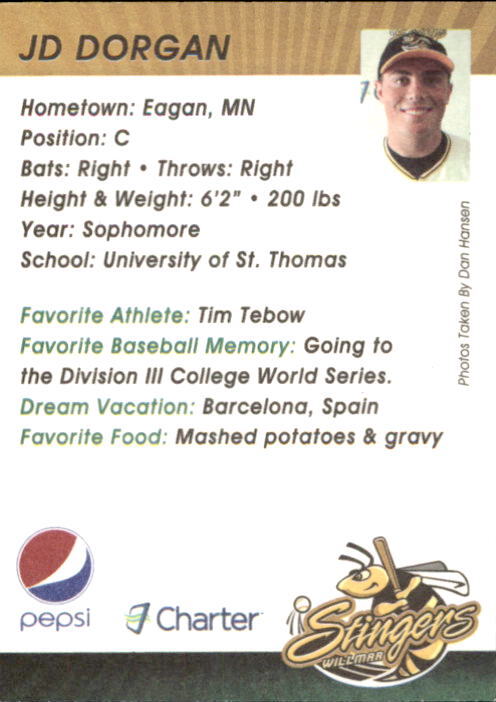2012 Willmar Stingers Team Issue 10 J.D. Dorgan Eagan Minnesota MN ...