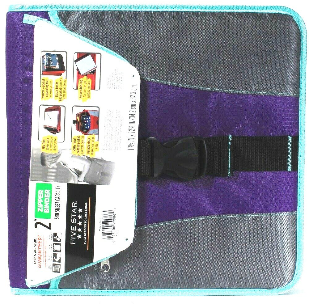 Mead Five Star 2" Zipper Binder Gray Purple Teal 580 Sheet Capacity ...
