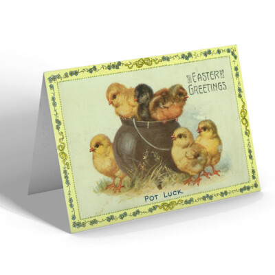 EASTER CARD - Vintage Design - Pot Luck. Six Chicks, Three on Rim of ...