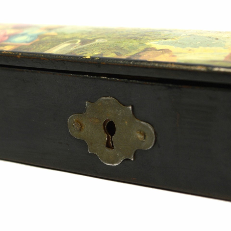 Antique ENAMELED PEN-PENCIL-ARTIST'S WOOD BOX Litho Lid w/ KIDS IN ...