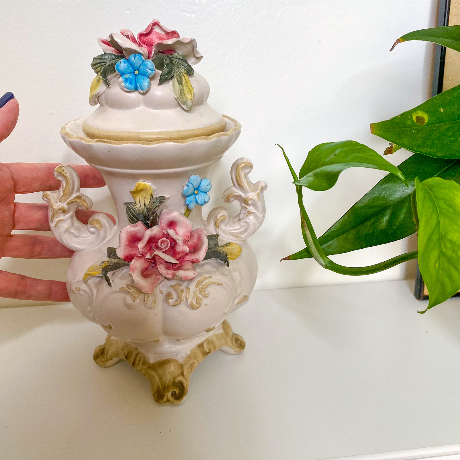 Superb Vtg Capodimonte Urn Vase Double Handles & Lid Roses N Crown Mark ...