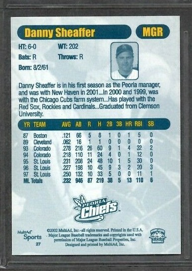 2002 Multi-Ad Peoria Chiefs #27 Danny Sheaffer Baseball Card Signed ...