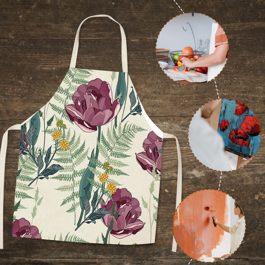 Peony Printed Linen Apron Waterproof Kitchen Cooking Bibs Adult Apron ...