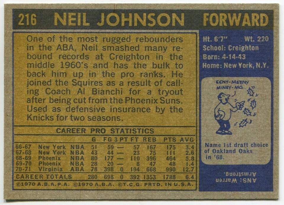 1971-72 Topps #216 Neil Johnson Virginia Squires ABA | eBay
