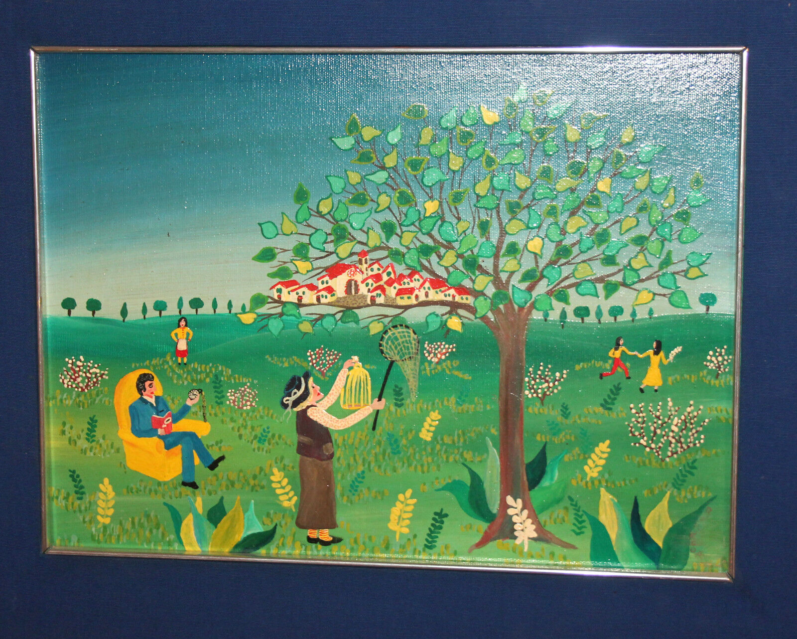 Naive art landscape figures oil painting signed | eBay